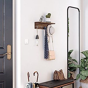 SONGMICS Coat Rack with Shelf, Wall-Mounted Coat Rack, with 4 Metal Dual Hooks for Coats, Bags, for Entryway, Bedroom, Living Room, Rustic Brown ULHR042X01