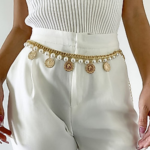 Wiwpar Pearl Waist Chain Belt Coin Pendant Beach Body Chains Fashion Body Belly Belt Waist Chain for Women and Girls (Gold)