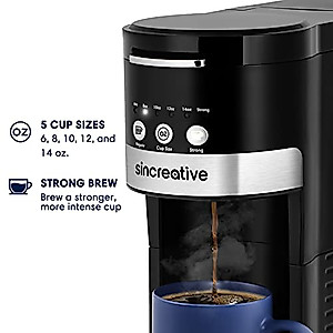 Sincreative Single Serve Coffee Maker, 2 in 1 Single Cup Coffee Makers for K Cup Pod or Ground Coffee, Compact Coffee Machine with Strong Brew Button, 6 to 14oz Brew Sizes, Gifts for Mom Dad Women Men