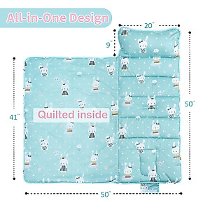 FAINSY Toddler Nap Mat with Pillow and Blanket,100% Cotton Fabric (Hi-Density&Hi-count-60S), 50x20x1.5 in, Padded Sleeping Mat for Daycare Preschool Prek, Kids Girls (Miss Bunny)