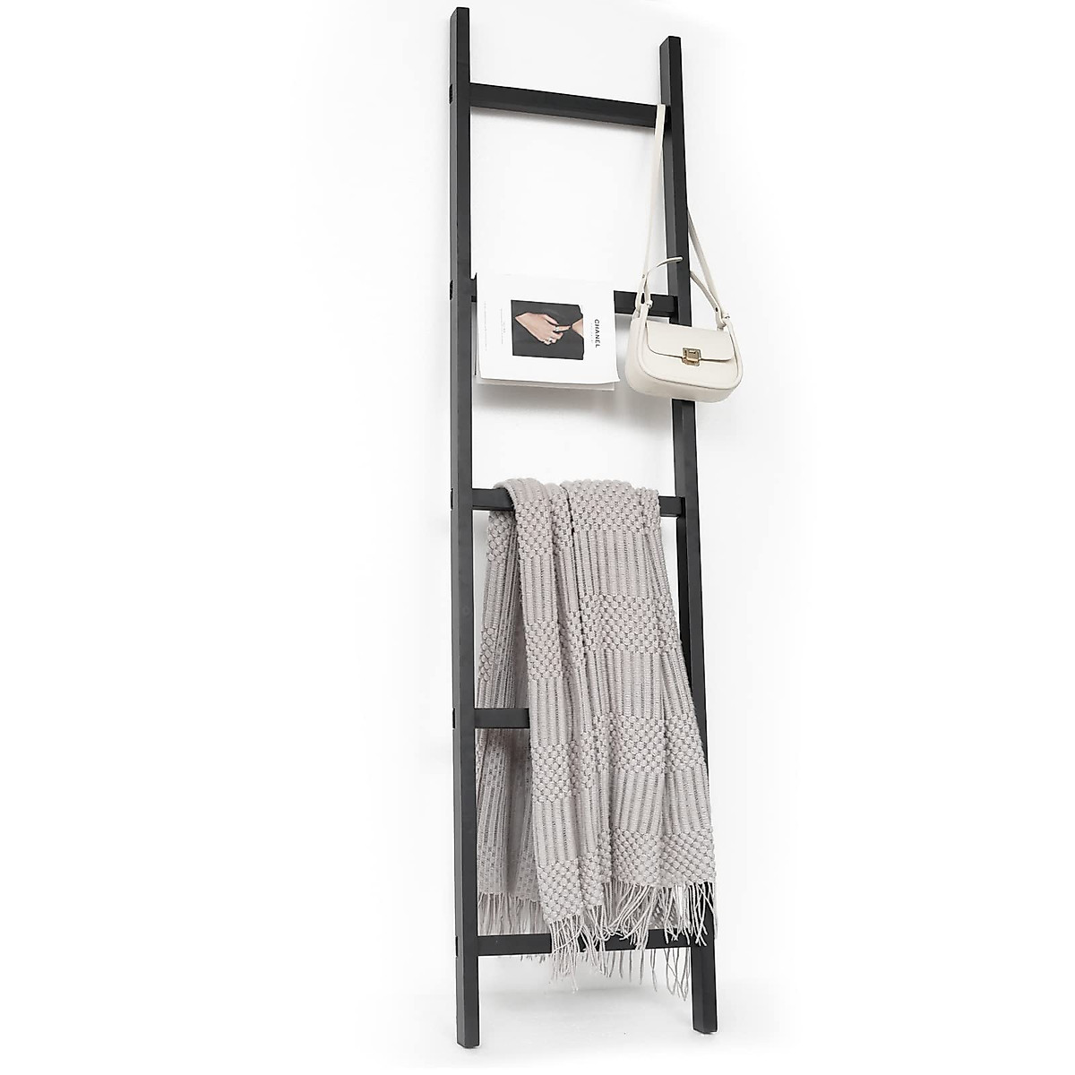 FUIN 6.3 ft (76") Wood Blanket Ladder Living Room Decorative Wall Leaning Farmhouse Quilt Display Holder Rustic Wooden Towel Rack for Bathroom, Black