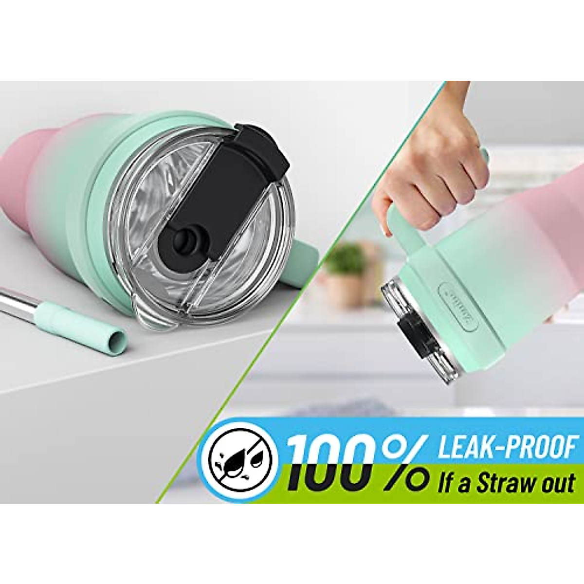 Zenbo 40 oz Tumbler With Handle, Screw on Lid and Straw|Stainless Steel Insulated Tumbler, Keeps Drinks Cold up to 34 Hours, Fit in Car Cup Holder, Dishwasher Safe and BPA Free