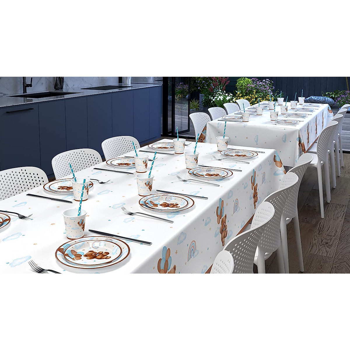 3 Pieces Teddy Bear Baby Shower Tablecloths Plastic Table Cover, Boho Brown Blue Baby Shower Birthday Party Decorations Supplies for Boys Kids Large Size 108×54 Inch Rectangular Cute Bear Table Cloth