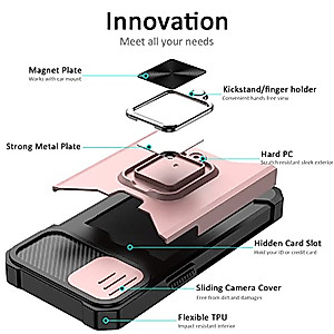 Nvollnoe iPhone 13 Case with Sliding Camera Cover, Card Holder, Heavy Duty Protective, Magnetic Kickstand - (Rose Gold)