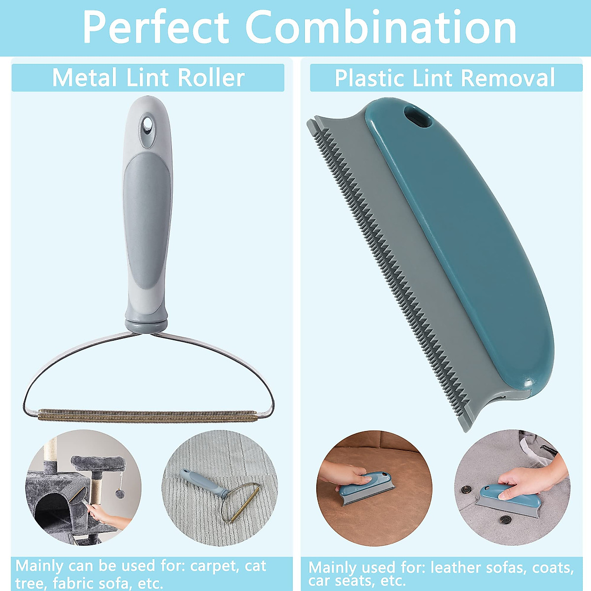 Reusable Lint Roller, Dog Cat Hair Remover, Dog Hair Carpet Rake Remove Everyday Furniture, Clothes, Car Upholstery Pet Hair, 2-Pack Combination Carpet Hair Removal Tool Gray