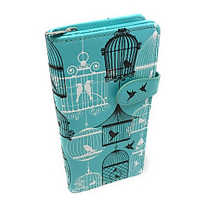 Shag Wear Vintage Bird Cage Large Wallet for Women and Teen Girls Vegan Faux Leather Blue 7"
