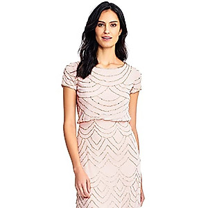 Adrianna Papell Women's Short Sleeve Blouson Beaded Gown, Blush/Gold, 6