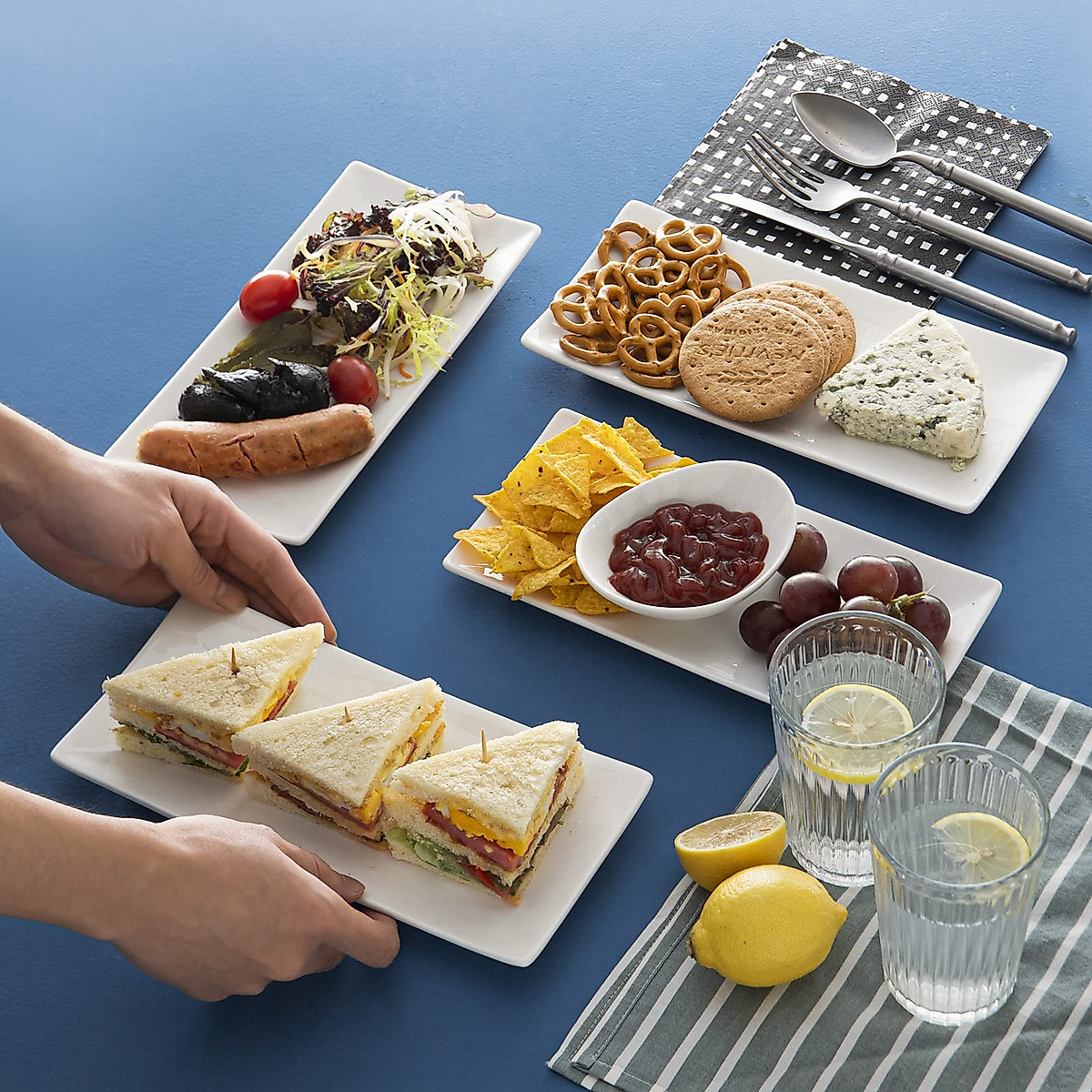 LIFVER Cutlery Set, 16"/14"/12" Turkey Platter 10" Rectangle Serving Plate 3 Oz Ceramic Dip Bowls Set- Porcelain Serving Dishes Dinner Plates for Thanksgiving Christmas Party Entertaining