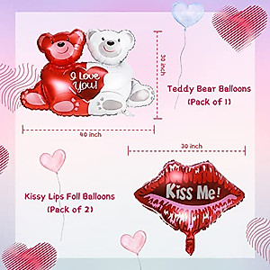 Civaner 25 Pcs Red Heart Balloons I Love You Valentines Day 2000 Rose Petals 40 Inch Bear Balloon and White Shaped Lip for Wedding Party Decoration, White,transparent,red