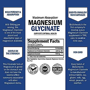 Magnesium Glycinate 500mg Capsules (120 Mini Caps) Maximum Absorption Magnesium Supplement for Nerves Muscles Heart Mood and Sleep Support (Vegan Safe with No Gluten, Soy or GMOs) by BioSchwartz