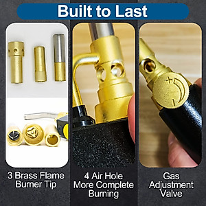 Propane Torch Head with 3 Nozzles Tips - MAPP MAP Gas Trigger Start Welding Torch Head lighter Self Ignition Igniter Adjustable Knob Continuous Flame Lock for Sous Vide Soldering Brazing Wood