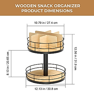 NANAGIFTREE Snack Organizer - Versatile Snack Storage 2 Tier Lazy Susan with Convenient Grab-and-Go Design, Wood and Metal Snack Holder for Home, Office, Breakroom, 12.13" L x 12.13" W x 12.56" H