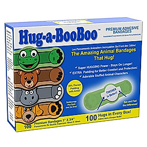 Super Fun Kids Bandages by Hug-a-BooBoo! The Amazing Animal Bandages That Hug! Children’s Favorite Stuffed Animal Designs – Hippo, Puppy, Teddy Bear & Frog! Family Pack Value Assortment -100ct Box