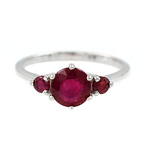 925 Sterling Silver Natural Red Ruby Gemstone 7 MM Round Cut July Birthstone Three Stone Cluster Unisex Ring For Birthday Gift (Rhodium Plated Silver, 6)