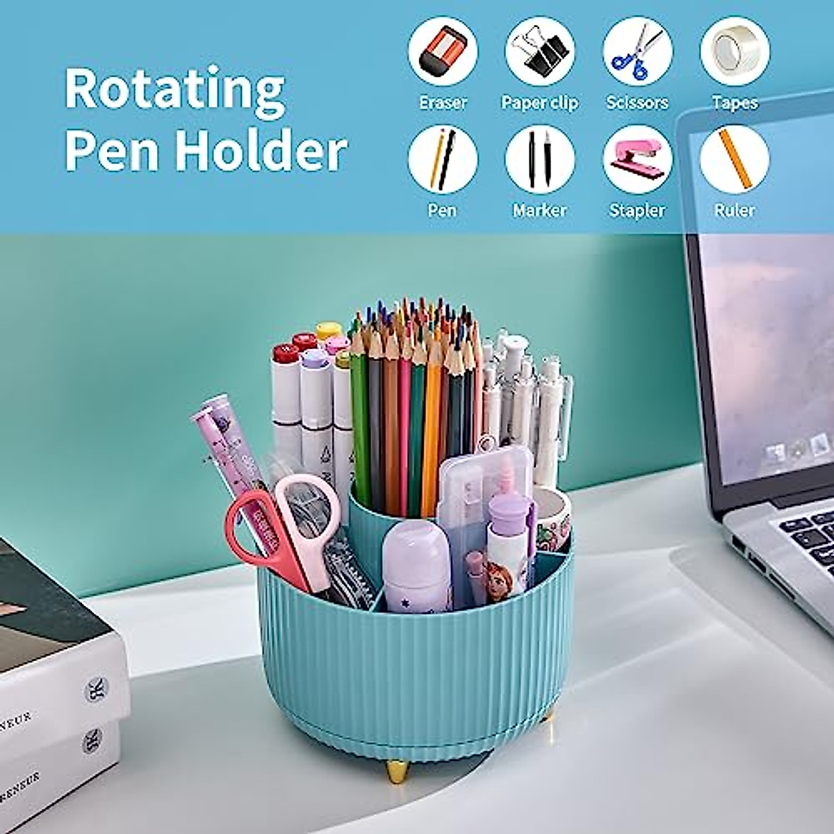 Marbrasse Desk Organizer, 360-Degree Rotating Pen Holder for Desk, Desk Organizers and Accessories with 5 Compartments Pencil Organizer, Art Supply Storage Box Caddy for Office, Home （Light Blue）
