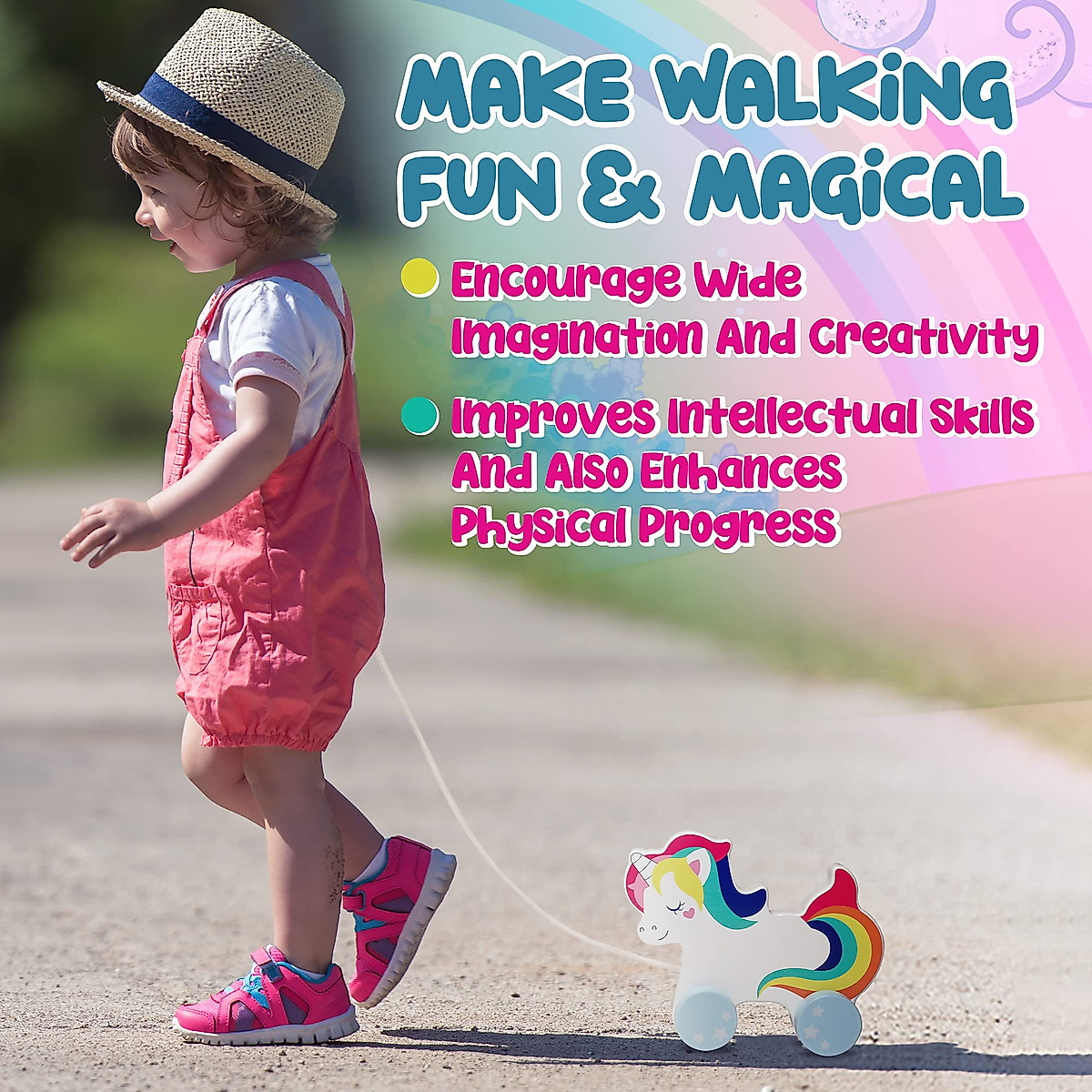 Ratatoys Wooden Toys Unicorn Baby Toy Pull Along for 1 Year Old and Above - H 61 x L 27 Inches, Toddler Boys & Girls, Unique Colorful Design - Improves Movement & Motor Skills, Birthday Party Gift