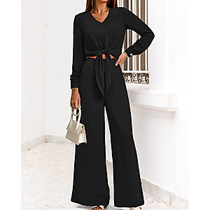PRETTYGARDEN Women's 2 Piece Outfits 2025 Spring Casual V Neck Long Sleeve Strappy Crop Top Wide Leg Palazzo Pant Sets(Solid Black,X-Large)