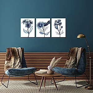 sechars 3 Piece Canvas Wall Art Navy Flower Painting Art Prints Blue Floral With Butterfly Picture Artwork Modern Bedroom Bathroom Wall Decor Framed Ready to Hang Each Panel 12x16 Inches