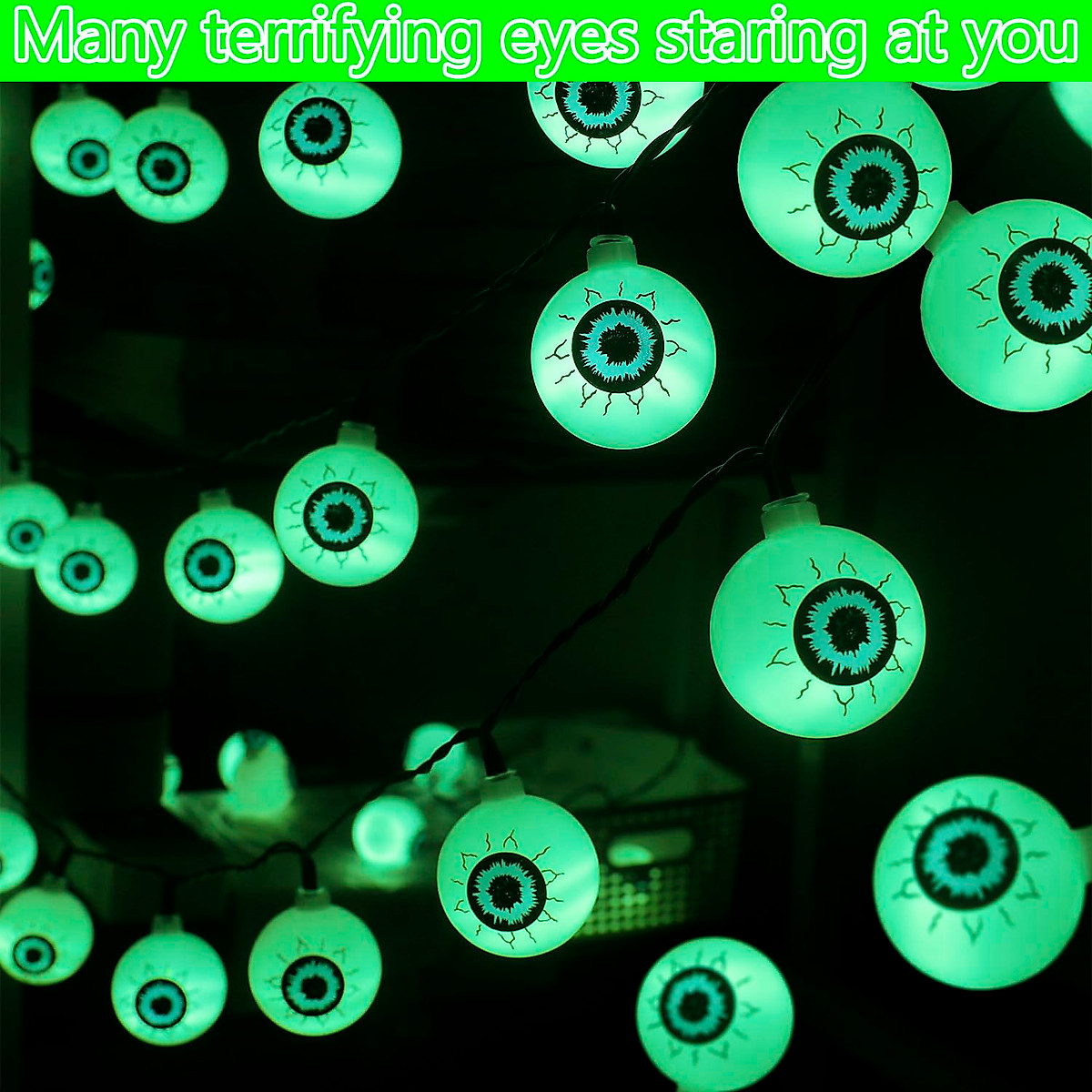 Halloween Decorations Solar Eyeball String Lights Outdoor, Solar Halloween Lights with 30 LED Scary Green Eyeballs, Waterproof Solar Halloween String Lights for Garden Tree Patio Yard Party Decor