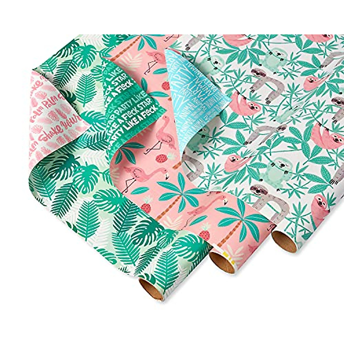 American Greetings Reversible Palms, Sloths, Flamingo Wrapping Paper for All Occasion, Green and Pink (3 Rolls, 120 sq. ft.)