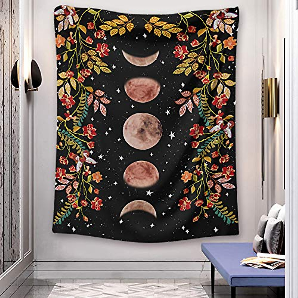 Sun And Moon Tapestry - 51.2 x 59.1 In Moon Phase Tapestries Flower Vine Tapestry Home Decoration Background Cloth, Garden Decor Banner Tapestry For Bedroom Livingroom Wall Hanging Art Aesthetic