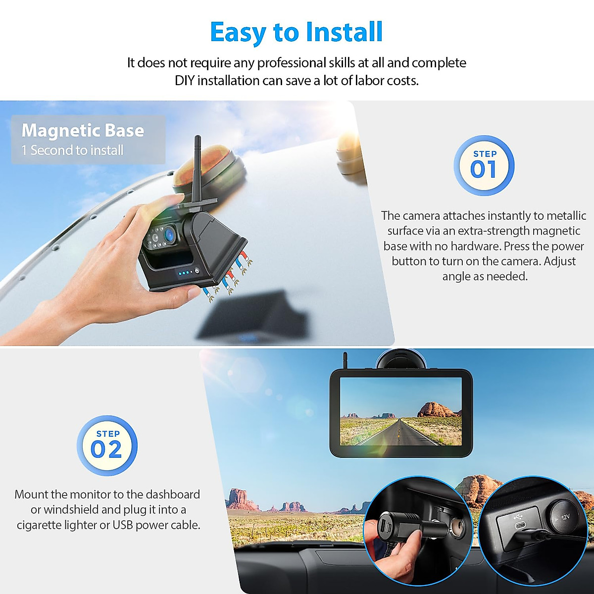 ZEROXCLUB Magnetic Solar Wireless Backup Camera 1080P 7" DVR Monitor, Rechargeable RV Camera Wireless System for Hitch Towing Travel RV Camper 5th Wheel, Built-in 9600mAh Battery & Solar Panel, BM701