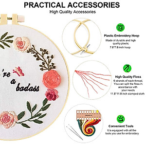 ORANDESIGNE Funny Embroidery Kit for Beginners, Stamped Cross Stitch Kits for Beginners Adults Patterned Needlepoint Embroidery Hoops Cloth Color Thread Floss Flowers Plants Cactus
