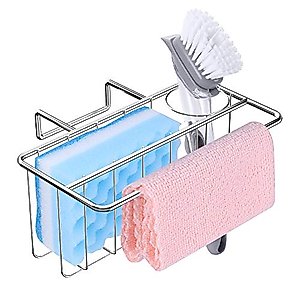 GEEKERA Sponge Holder for Kitchen Sink, 3-in-1 Sink Caddy, Brush, Dish Towel, Sponge Sink Organizer Liquid Drainer Rack - SUS304 Stainless Steel