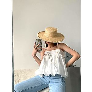 ENFUSO Women's Natural Straw Hat Pearl Decorated Fisherman's Hat Sunshade Parma Tweed Hat UV Protection Travel Retro Original Colour Cap (Straw07)