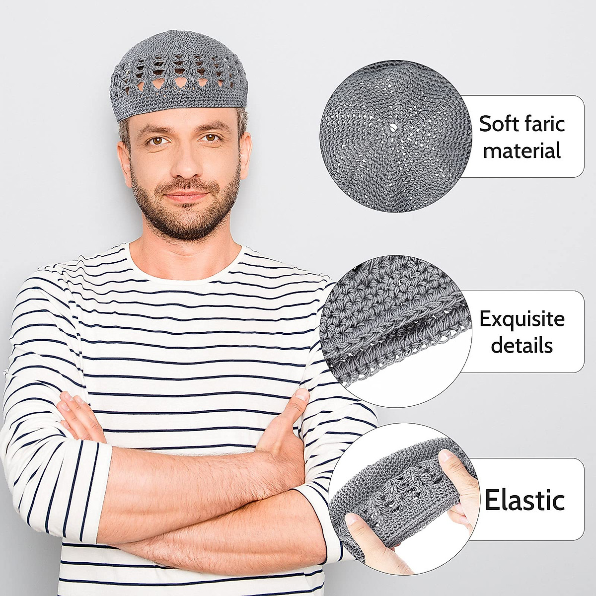 Kufi Hat for Men Knit Kufi Cap Crochet Beanie Kufi Hat Skull Cap for Men Women (Black, White, Gray, Brown, 4 Pieces)