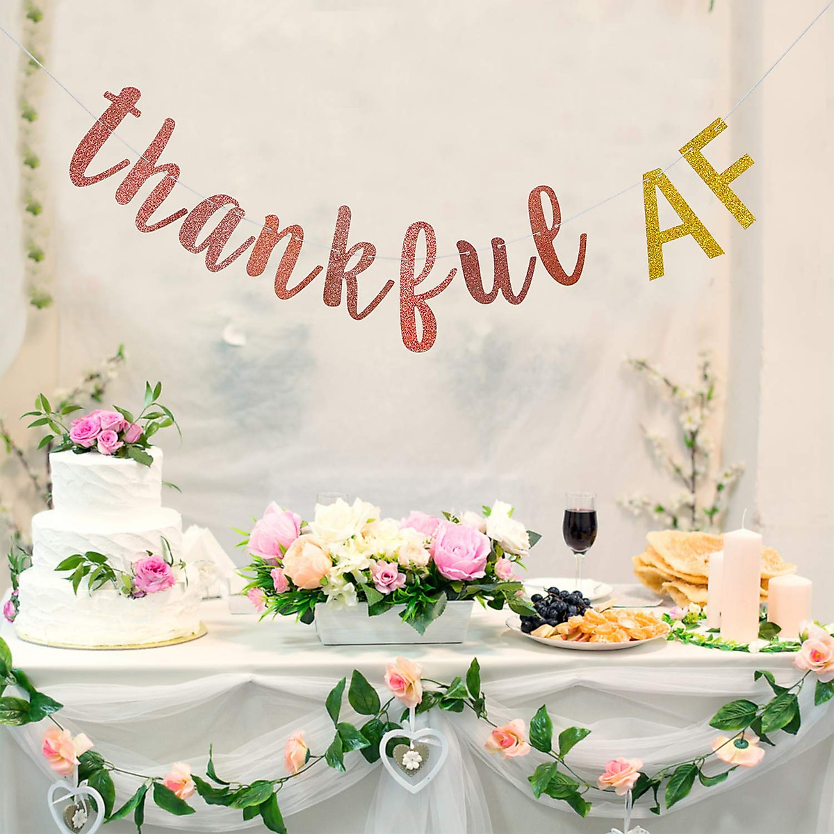 Rose Gold Glitter Thankful AF Banner-Great for Thanksgiving Day Party Decor-Baby Bridal Shower Birthday Party Decorations-Office Work Party Decorations