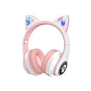 VuyKoo Kids Headphones with Microphone/RGB LED Light Up, Cat Ear Bluetooth Headphones 94dB Volume Limiting, Foldable Stereo Over-Ear Headphones for Kids Tablet/School/iPad/Smartphone (Pink)