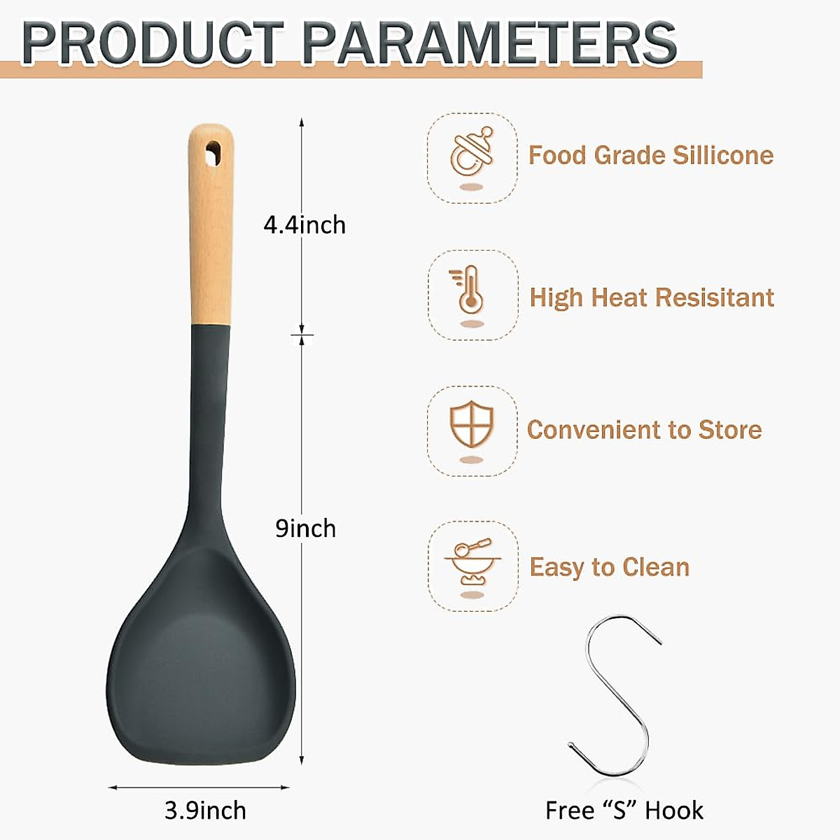 Wok Spatula, Silicone Wok Spatula Turner with Heat Resistant Wooden Handle, Kitchen Utensil Cooking Shovel Scoop Ladle for Scooping, Flipping, Stirring, Durable BPA-free Nonstick Cooking, 13.2Inch