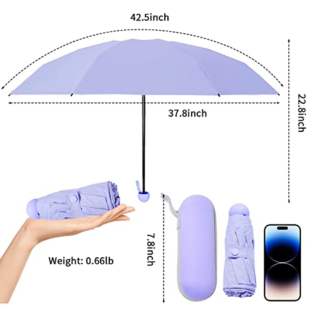 Kavoilauri Small Pocket Umbrella - Mini Folding Compact Umbrella with Case, Travel Umbrella for Rain,8 Ribs Lightweight Portable Umbrella for Girls and Women(Purple)