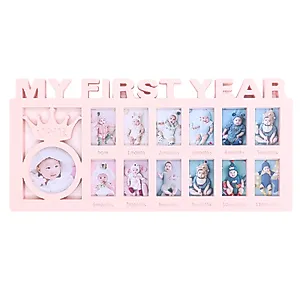 CHICIRIS Newborn Baby First Year Picture Frame with 12 Month Slots, Baby Monthly Collage Keepsake Frame for Photo Memories, White(pink)