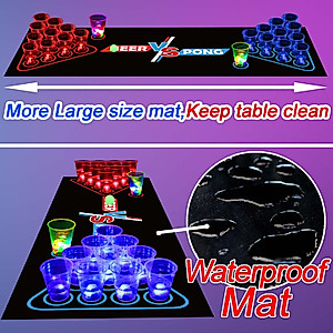 HIOHWEFH Glowing Beer Pong Table Mat for Drinking Game Light Up Plastic Cups and Pongs Beer Pong Set for Party Game Indoor Outdoor Pong Game, Party Supplies Decor 71 * 23inch