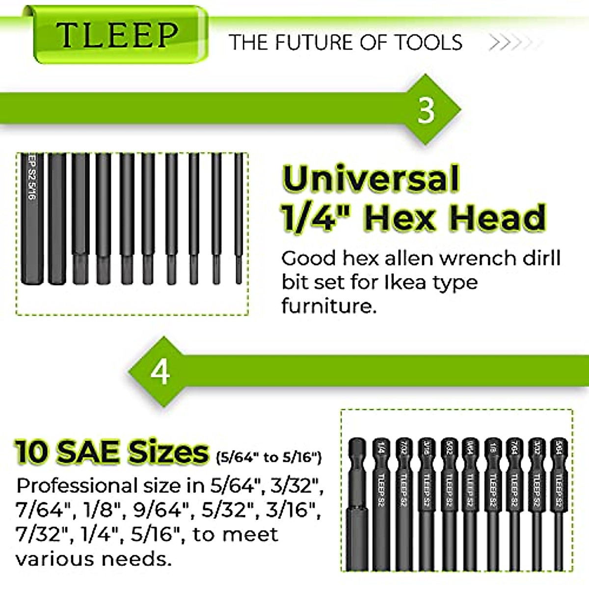 TLEEP 10 x Long 100MM 1/4 Inch Hex Head Allen Wrench Drill Bits, 5/16” to 5/64”, SAE, Magnetic Tips Screwdriver Socket Bit Set for Ikea Type Furniture (S2 Steel 5/16 inch to 5/64 inch)