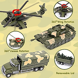 Die-cast Military Vehicles Toy Set, 6 Pack Alloy Army Toys Playset with Army Men Action Figures, Tank, Panzer, Helicopter, Truck, Submarine for Kids Boys Toddlers