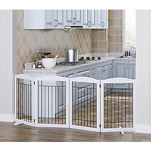 Spirich Free Standing Foldable Wire Pet Gate for Dogs, 80 inches Extra Wide, 30 inches Tall 4 Panels Dog Gate for the House, Doorway, Stairs, Pet Puppy Safety Fence,Set of Support Feet Included, White