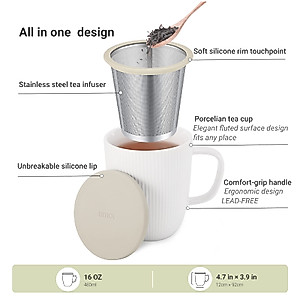 emoi 16 OZ Large Porcelain Tea Cup with Infuser and Lid, Tea Mug with Tea Strainers for Loose Tea, Ideal Tea Gifts for Tea lovers to Steep a Perfect Cup of Tea at Home or Office-Beige White