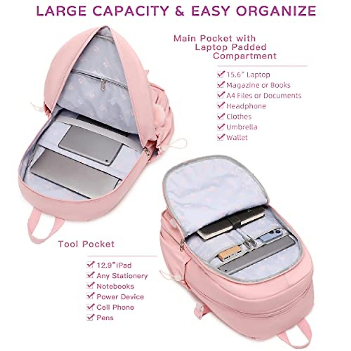 LXYGD Laptop Backpack 15.6 Inch Kids Elementary Middle High School Bag College Backpacks Anti Theft Travel Back Pack Large Bookbags for Teens Girls Women Students (Pink)