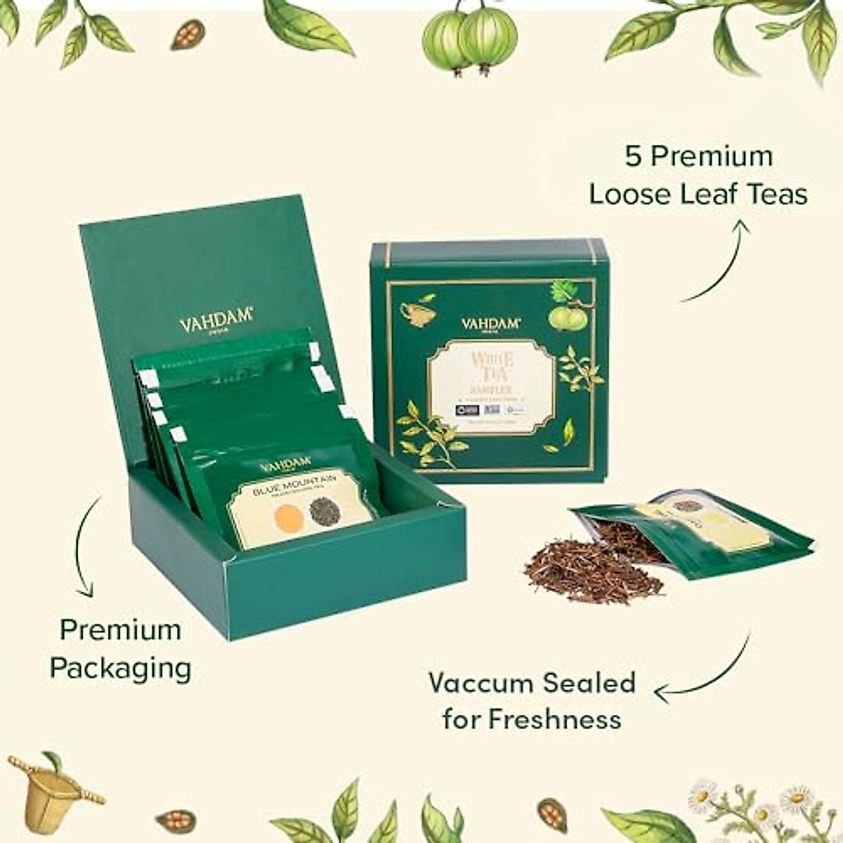 VAHDAM, Assorted White Tea Sampler Gift Set (25 Cups, 1.76oz) Gluten Free, Non GMO - 5 Unblended White Loose Leaf Tea Sampler | Tea Variety Pack | Tea Gift Set, Gifts for Women & Men
