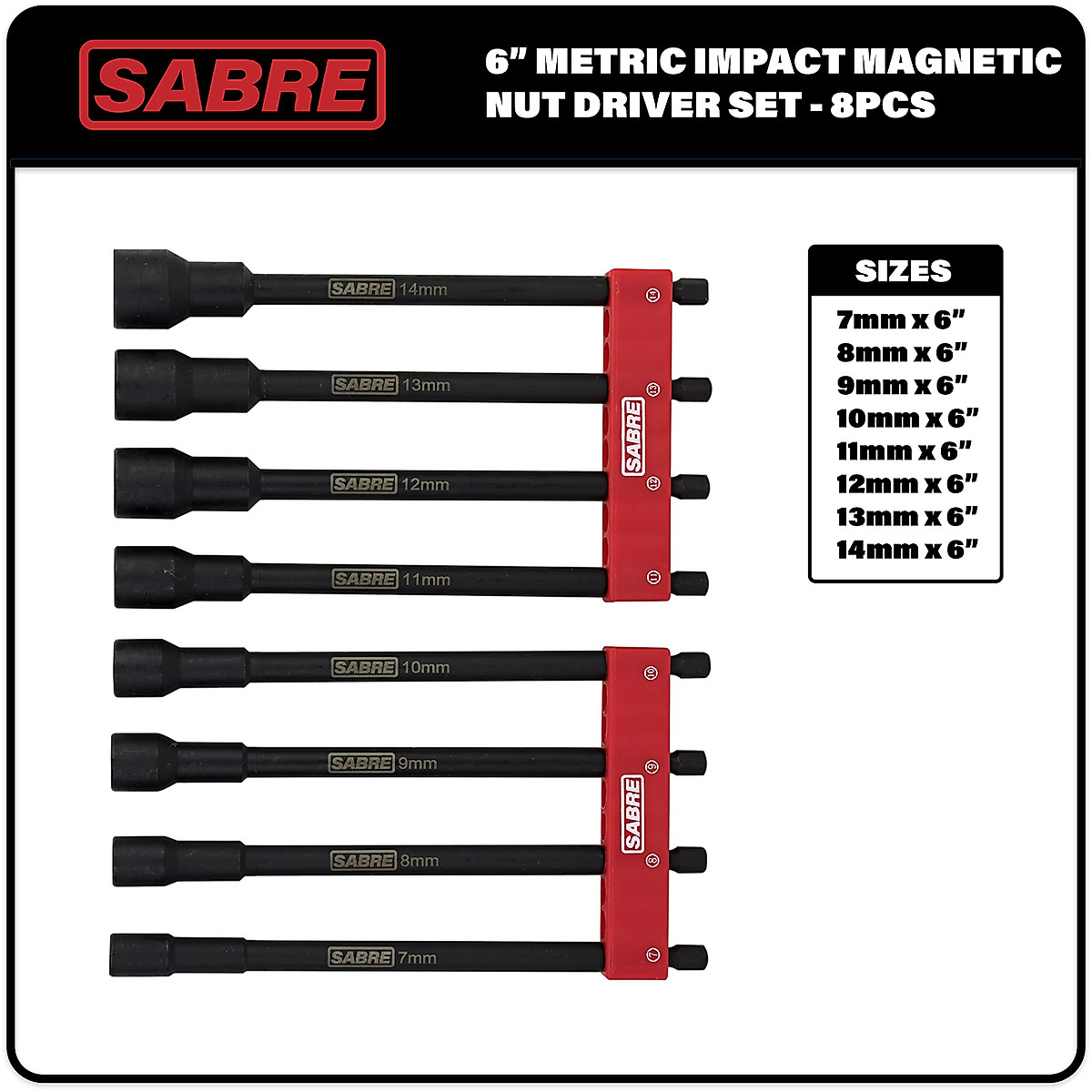 Sabre Tools 8 Piece Metric Impact Magnetic Nut Driver Set – 6 Inch Length, 1/4 Inch Hex Shank, Magnetic Socket Tip (8 Piece Metric Set)