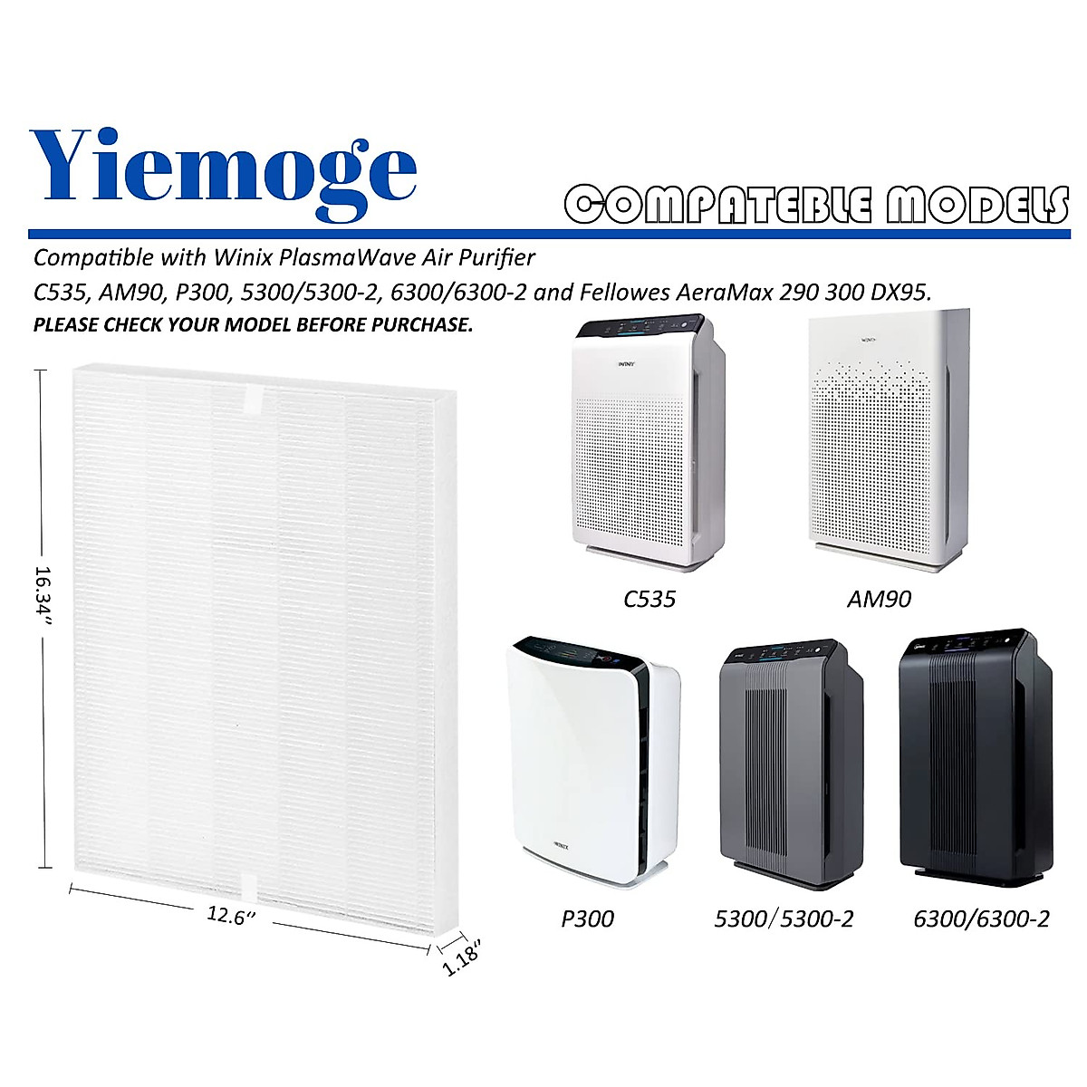 Yiemoge 115115 Replacement filter A: Compatible with winix Plasmawave C535 5300 5300-2 6300 6300-2 AM90 P300 Air Purifier - 3 TURE HPEA filter only