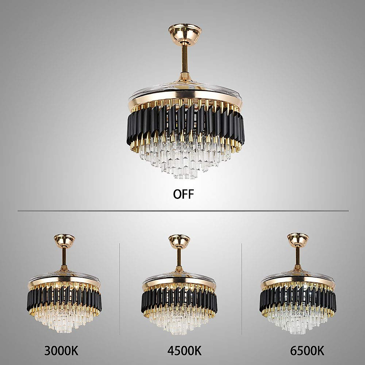 Fandian 42" Crystal Ceiling Fan with Light Remote Control Chandelier Retractable Fandelier, Luxury 3 Color Lighting for Dining Room, Living Room