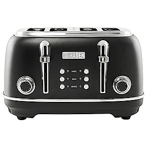 Haden Heritage 4-Slice Wide Slot Retro Toaster with Automatic Self-Center, Adjustable Settings, Reheat/Defrost, & Removable Crumb Tray, Black/Chrome
