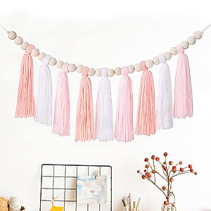 3PCS/Set Boho Tassel Garland, BetterJonny Boho Tassel Garland Tassel Wall Hanging Decor Pastel Tassel Banner with Wood Beads and 2Pcs Pom Pom Garland Felt Ball Garland for Home and Outdoor Decor