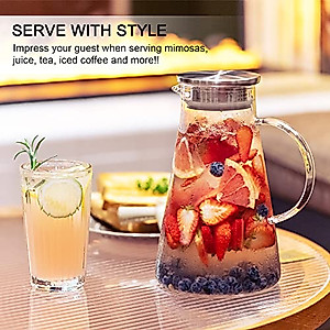 SUSTEAS 2.0 Liter 68oz Glass Pitcher with Lid, Easy Clean Heat Resistant Glass Water Carafe with Handle for Hot/Cold Beverages - Water, Cold Brew, Iced Tea & Juice, 1 Free Long-Handled Brush Included
