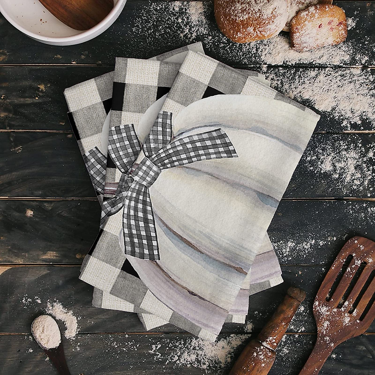 Thanksgiving Grey Pumpkin Kitchen Towels - 4 Pack Microfiber Absorbent Dish Towels for Kitchen, Fall Watercolor Black and White Plaid Farmhouse Kitchen Hand Towels/Tea Towels/Bar Towels 18"x28"
