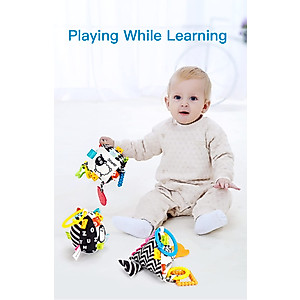 Jollybaby Baby Car Seat Toys with Rattles & Teether, Black & White High Contrast Stroller & Pram Toy, Crib Bed Plush Hanging Toy for 0 3 6 9 12 Months Newborn, Toddlers, Infants(Cube)